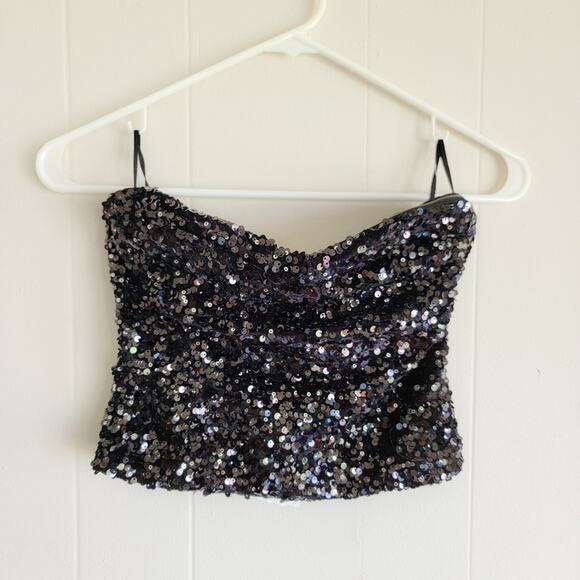 Zara | Tops | Zara Black Sequin Crop Tube Top | Poshmark